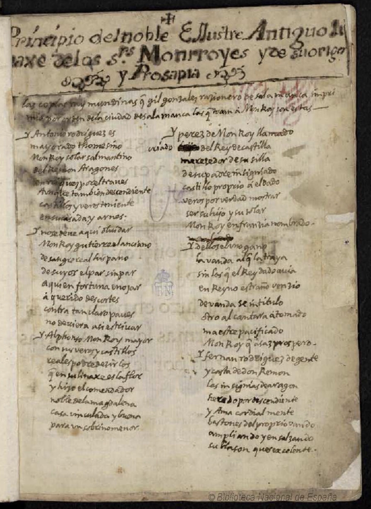 Principio del noble e ilustre antiguo linaje de los Señores Monroyes y ...